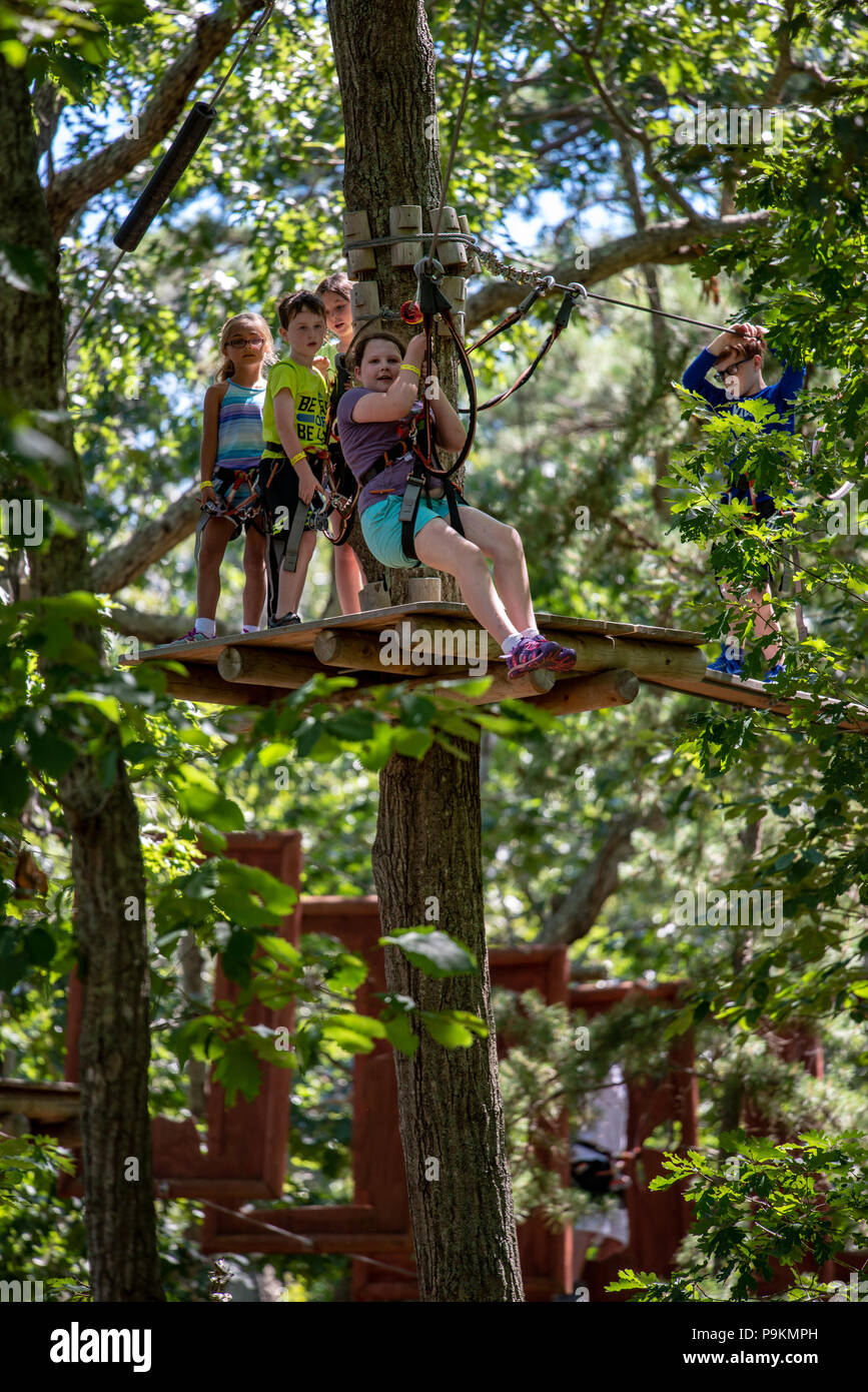 Portrait of a beautiful girl on a rope park among trees. Children ...