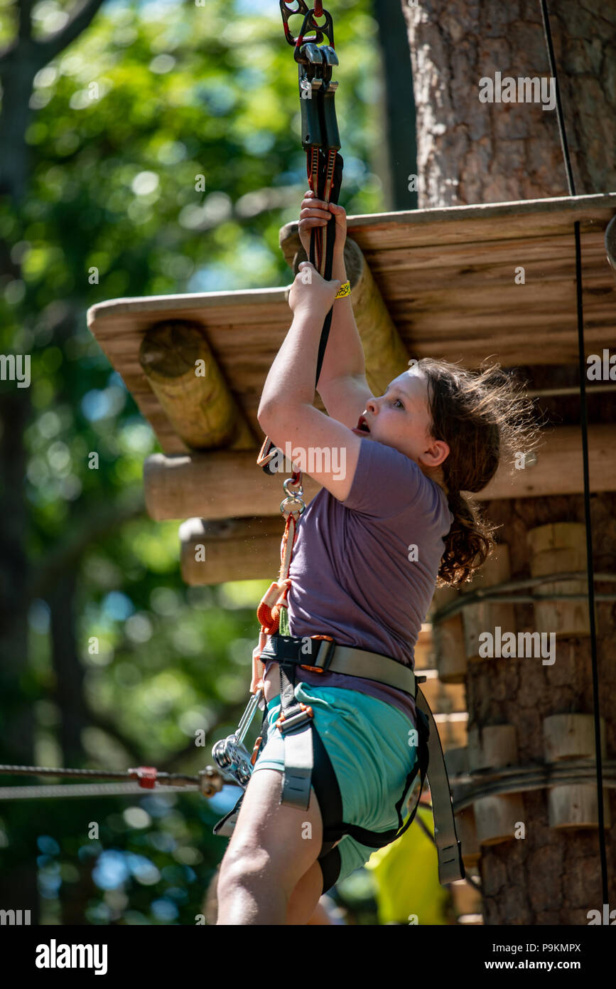 Portrait of a beautiful girl on a rope park among trees. Children ...
