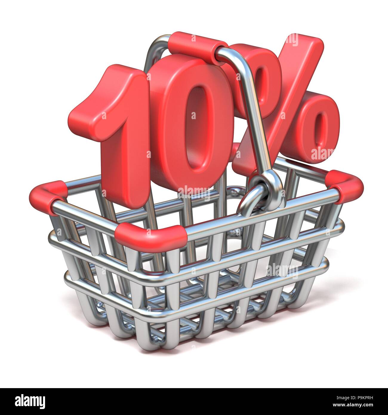 Metal shopping basket 10 PERCENT sign 3D render illustration isolated ...