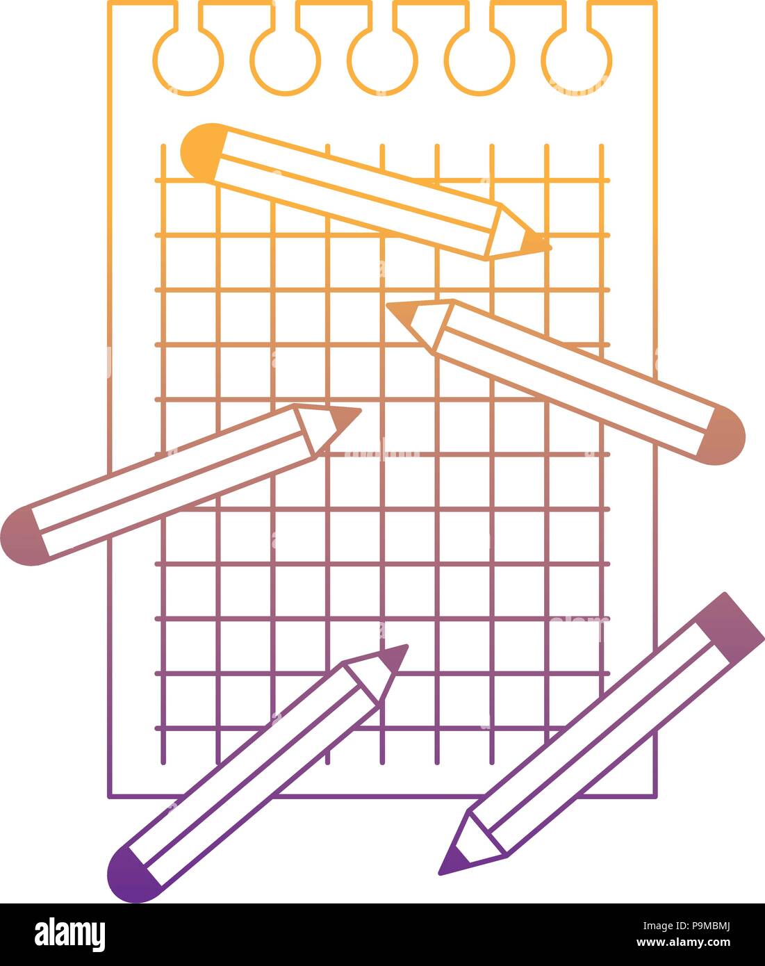 notebook sheet and colored pencils over white background, vector ...
