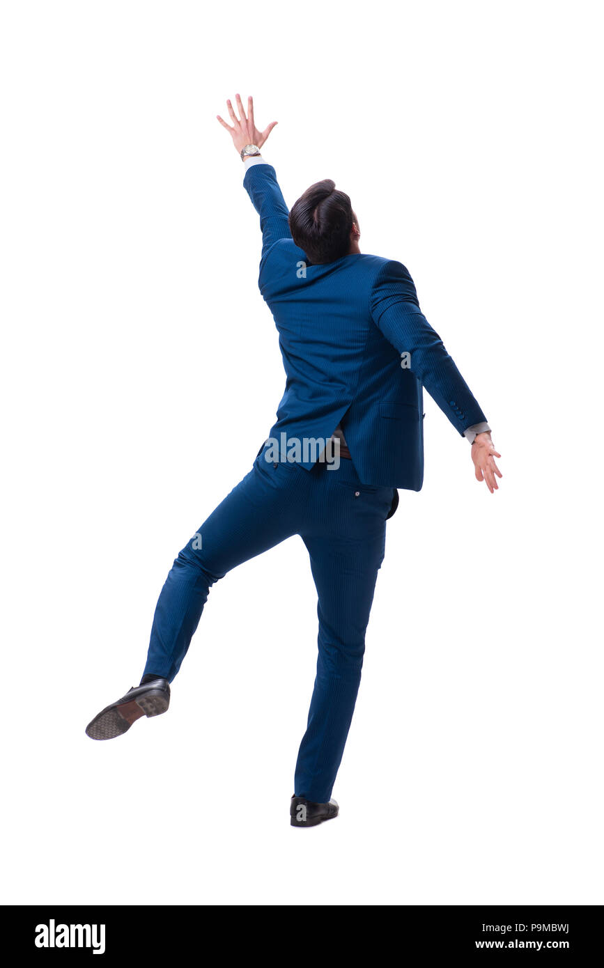 Businessman in funny pose isolated on white Stock Photo - Alamy