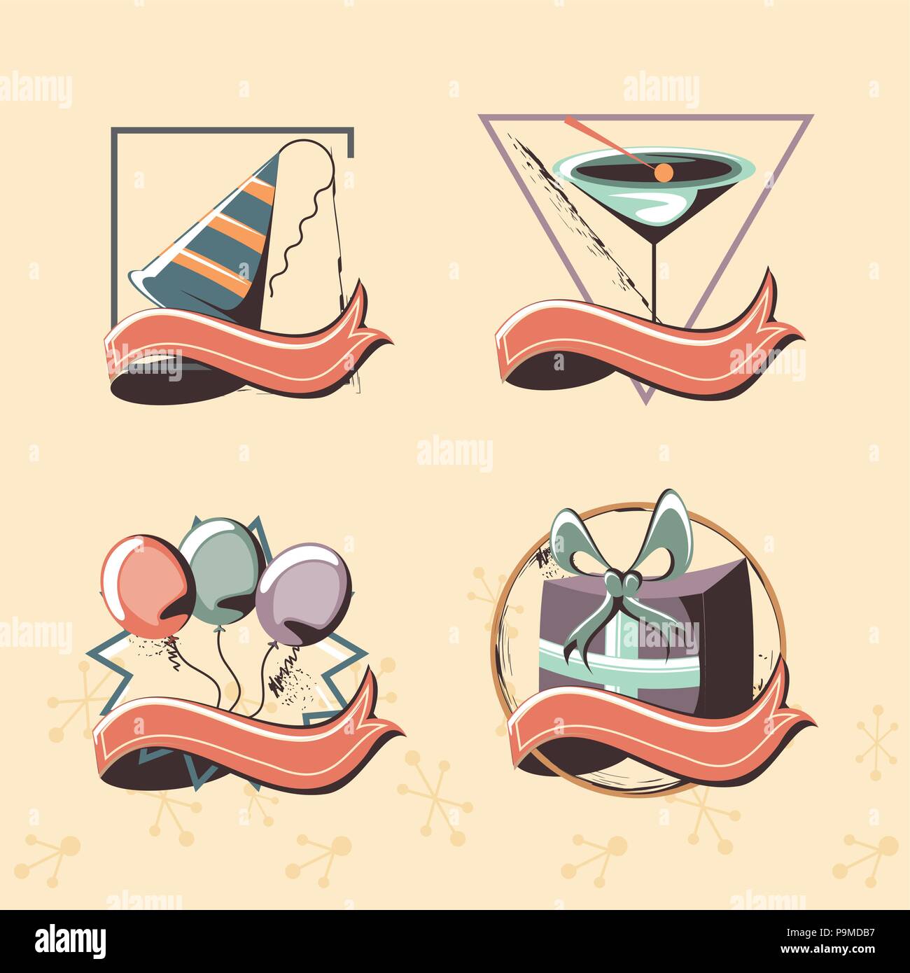 retro party card with accessories set vector illustration design Stock ...