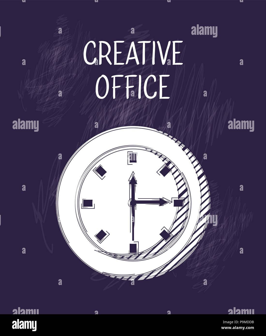 creative office design with clock icon over blue background, sketch ...