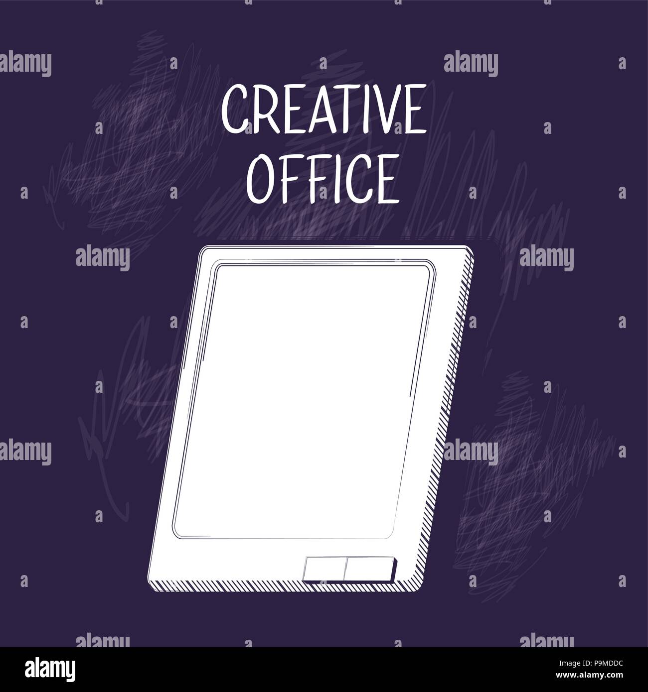 creative office design with tablet icon over blue background, sketch ...