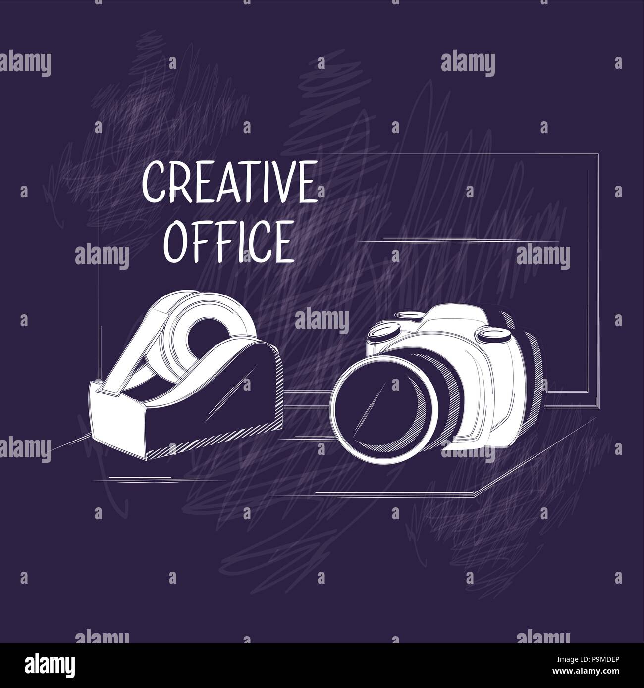 photographic camera and tape dispenser icon over blue background ...