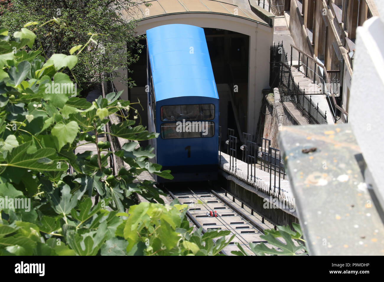 The funicular in Zagreb, Croatia, connects down town with the old town ...