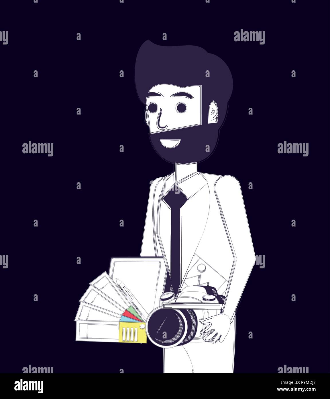 businessman with color picker and photographic camera over black ...