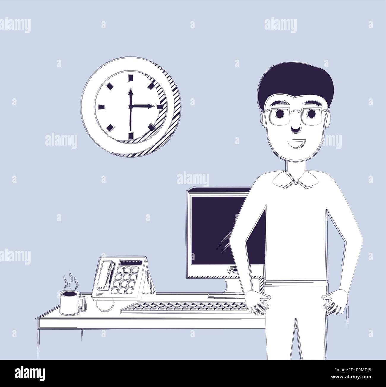 designer man at the office with desk and computer over blue background ...