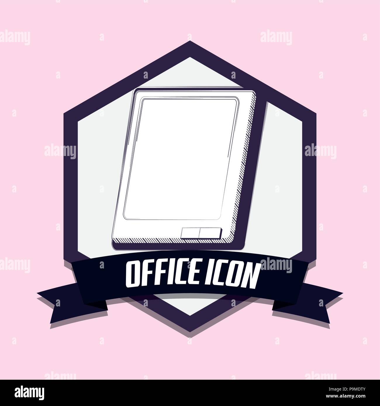 office icons emblem with tablet icon over pink background, colorful ...