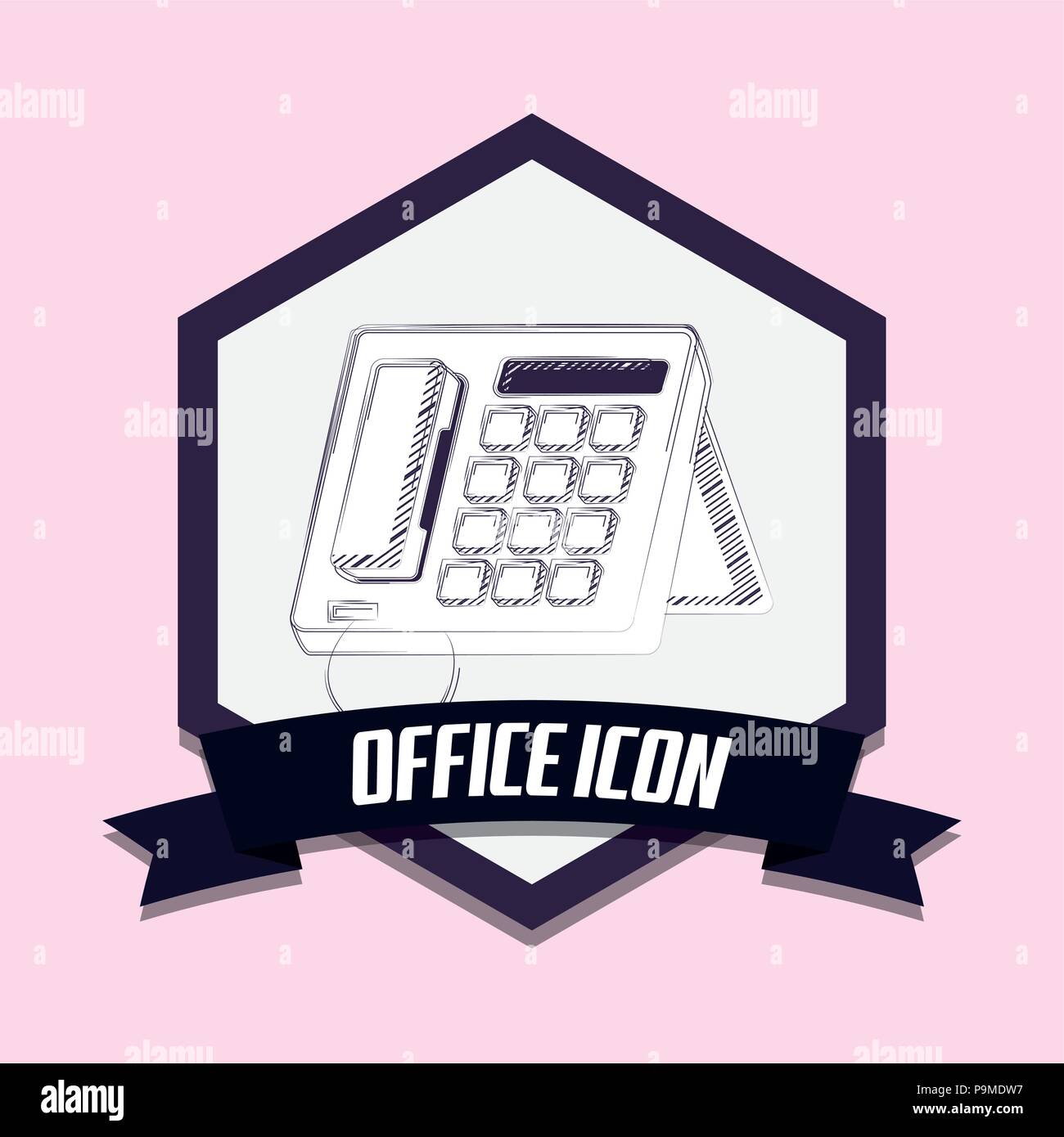 office icons emblem with office phone icon over pink background ...