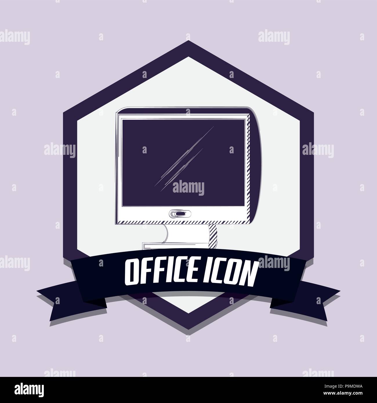 office icons emblem with computer icon over purple background, colorful ...