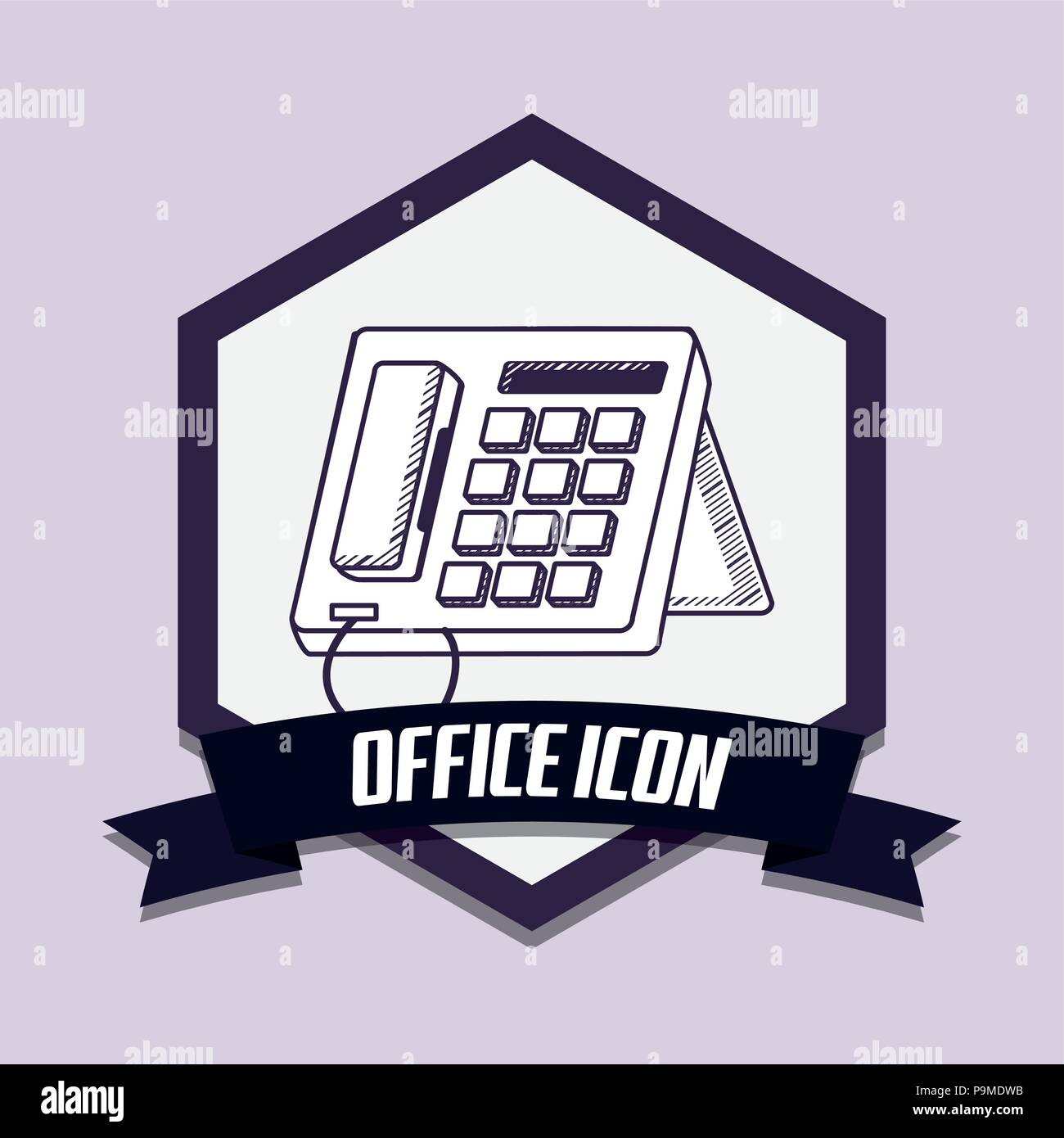 office icons emblem with office phone icon over purple background ...