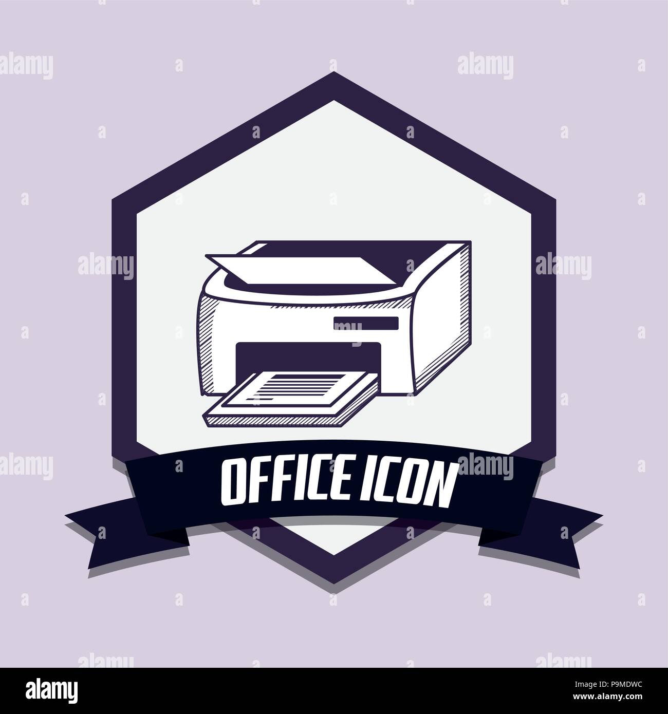 office icons emblem with printer icon over purple background, colorful ...