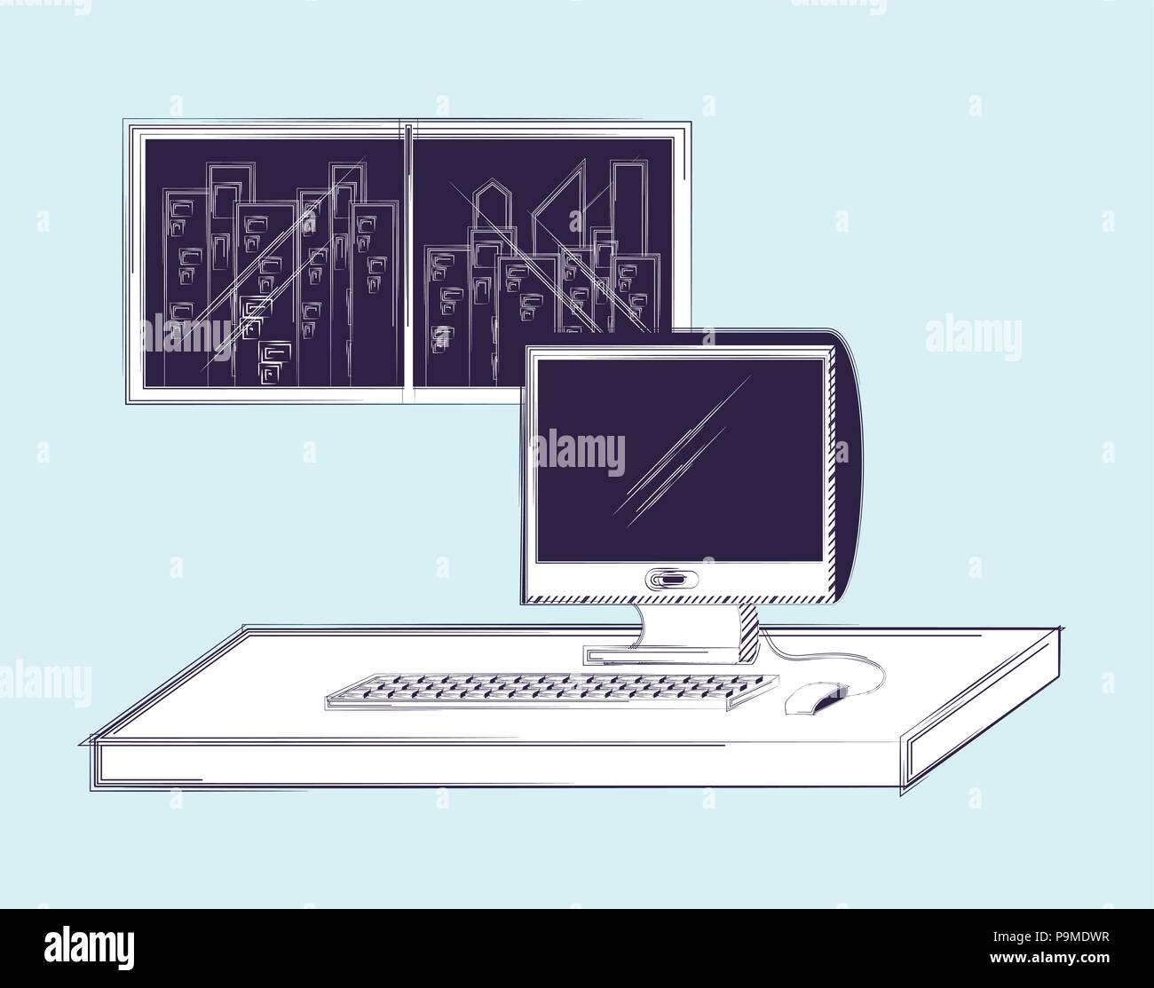 Office workplace design with desk and computer over blue background ...