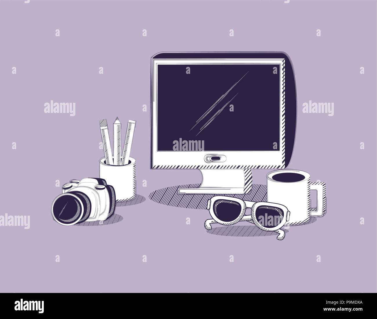 computer with camera and sunglasses over purple background, colorful ...
