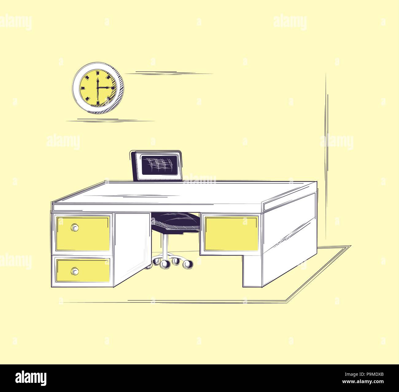 Office with desk and clock over yellow background, colorful sketch ...
