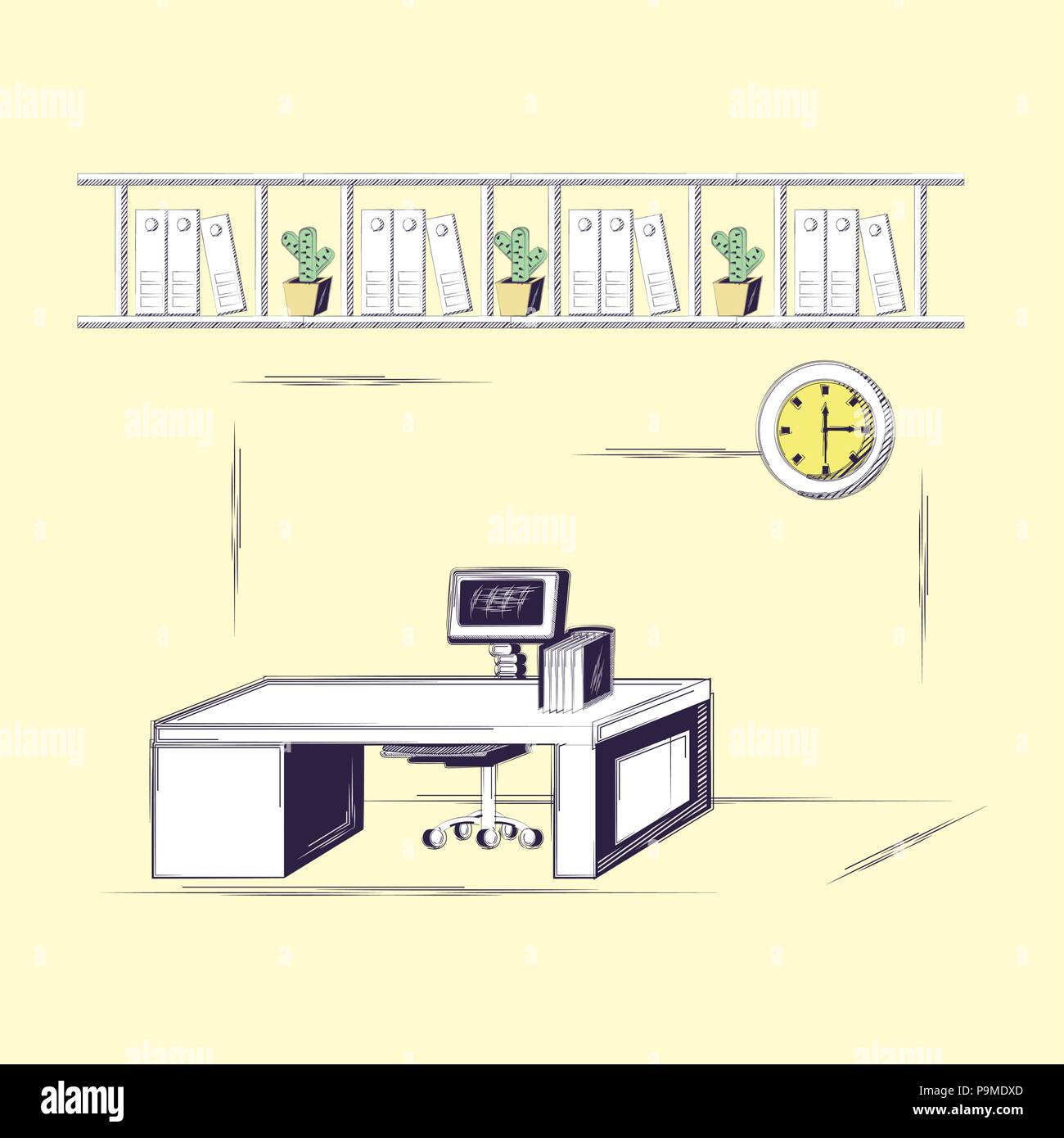 Office with desk and shelves with decorative objects over yellow ...