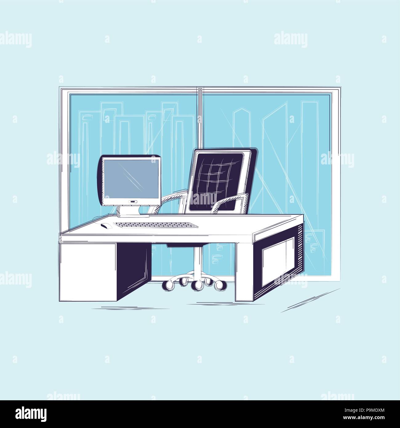 Office with desk and computer over blue background, colorful sketch ...