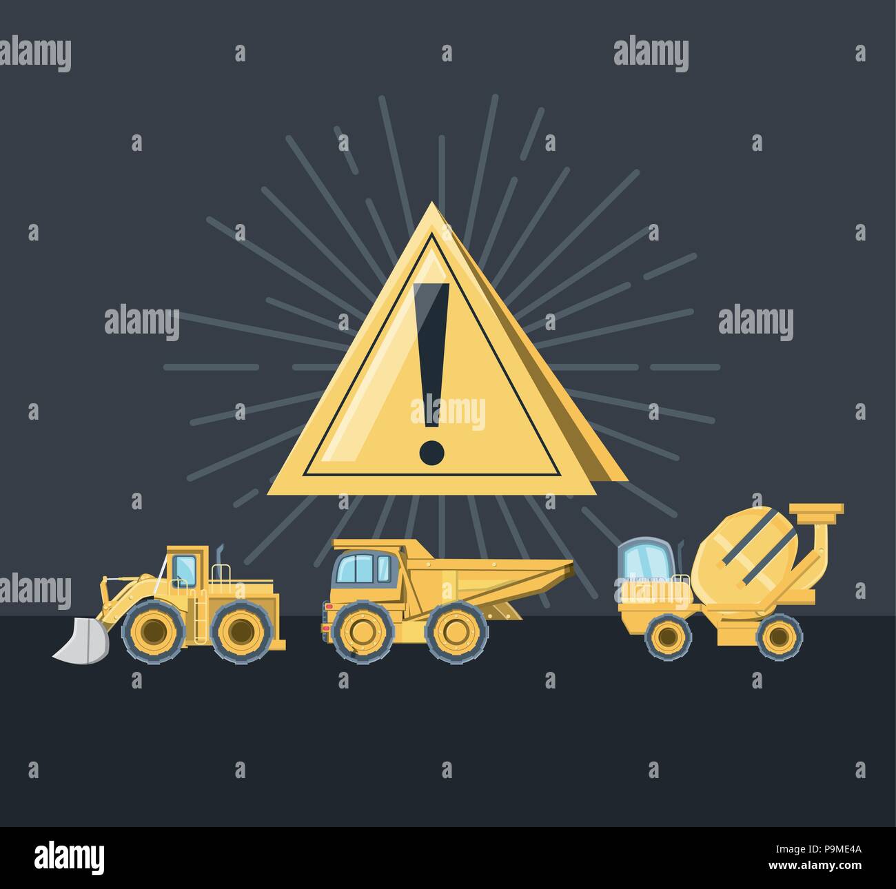 warning sign and construction trucks over gray background, colorful ...