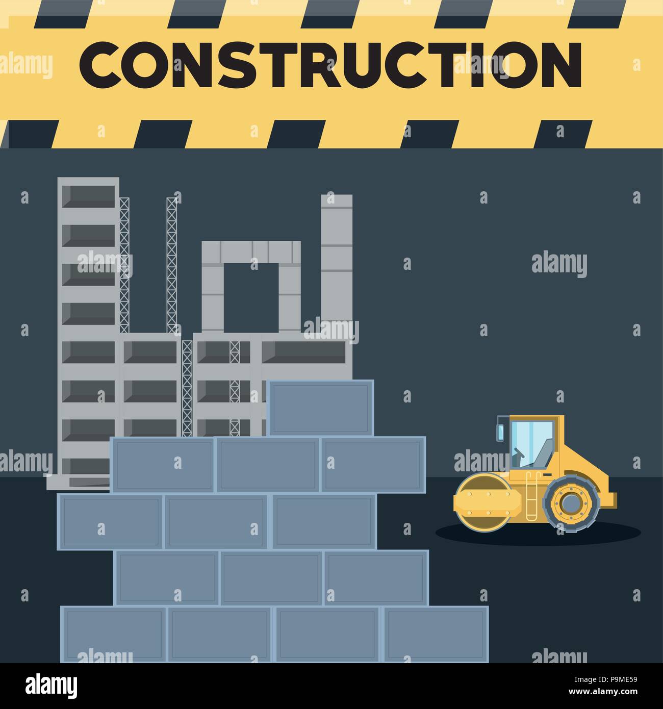Construction structures and road roller truck icon over gray background ...
