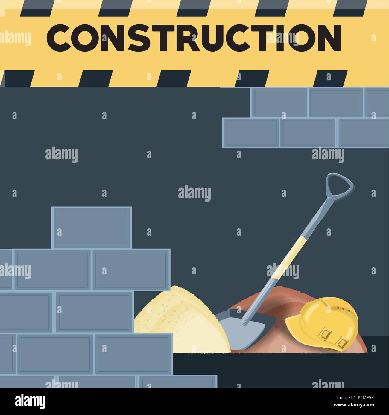 bricks wall and pile of sand with shovel over gray background, colorful ...
