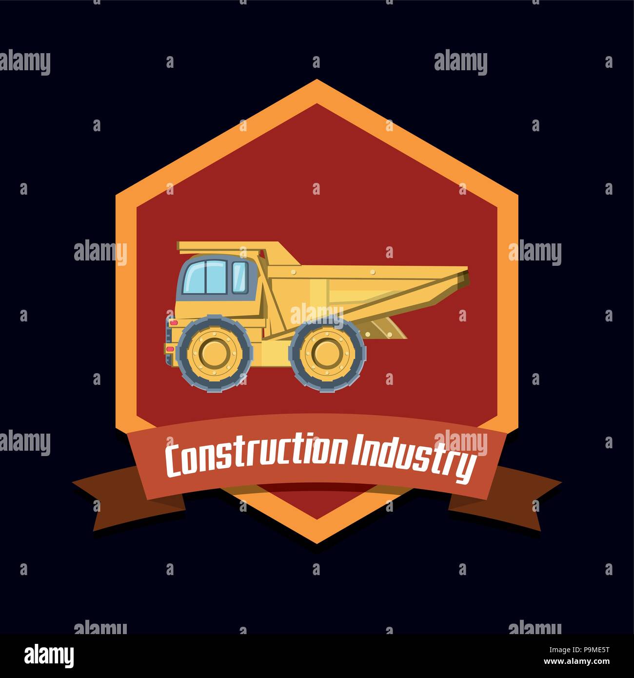 emblem of Construction industry design with dump truck icon over black ...