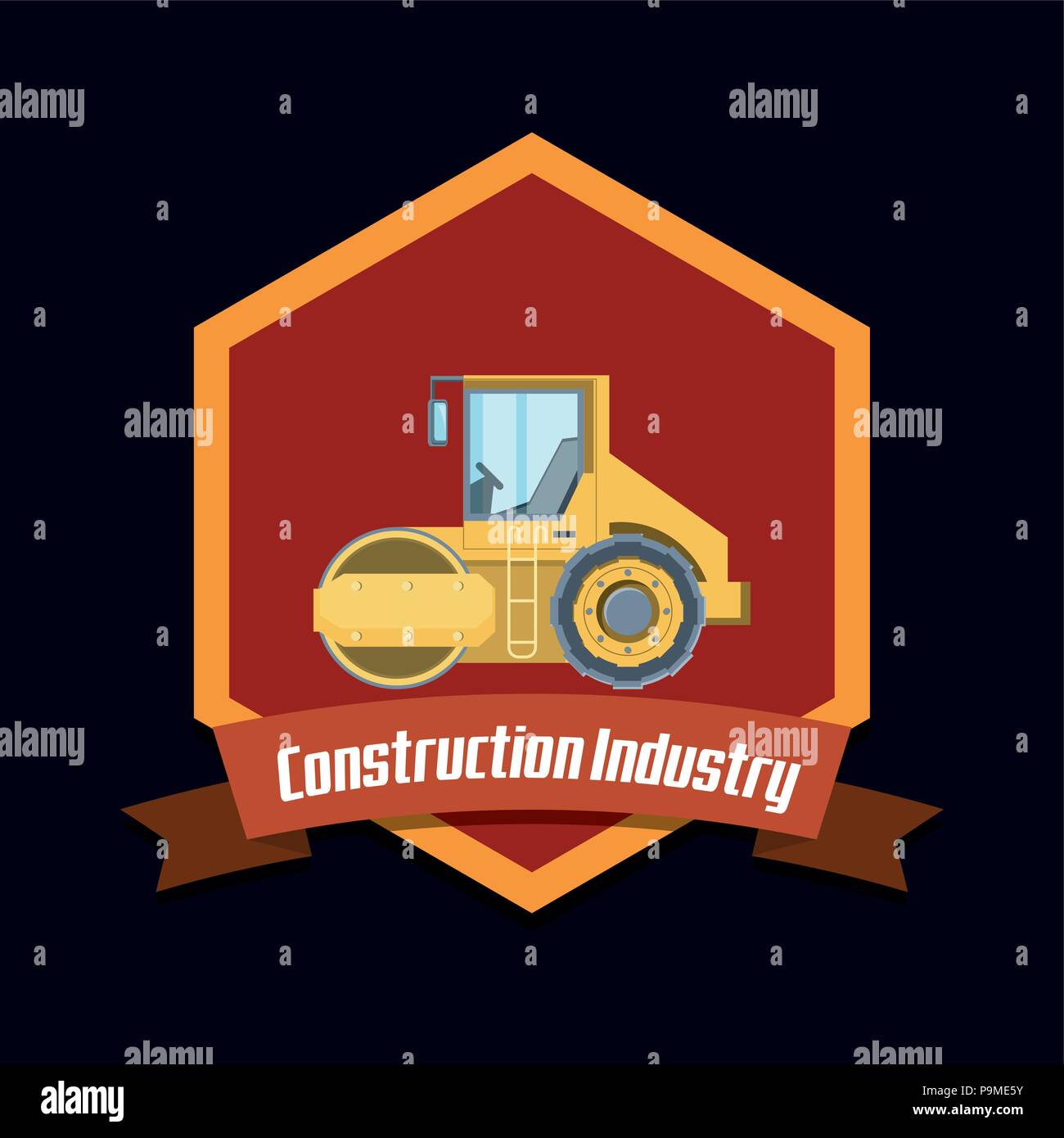 emblem of Construction industry design with road roller icon over black ...