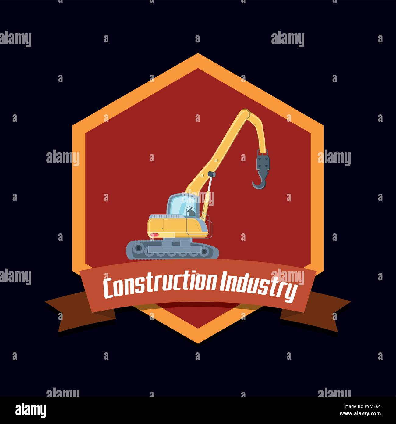 emblem of Construction industry design with crane truck icon over black ...