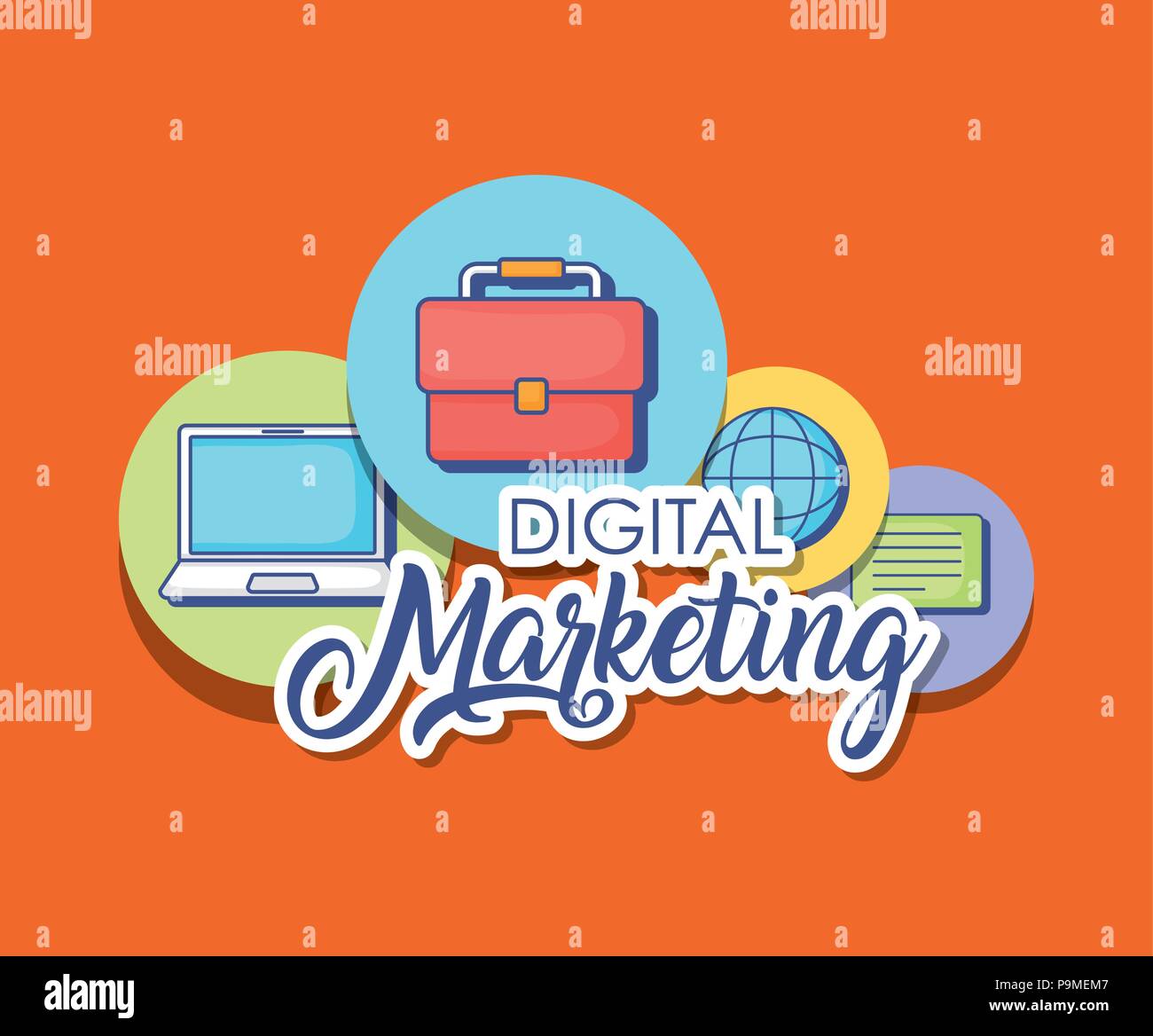digital marketing design with related icons over orange background ...