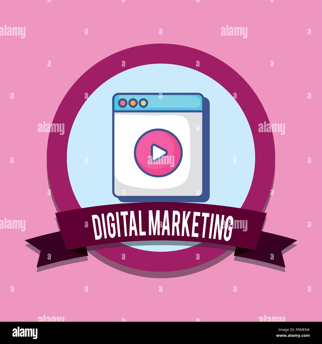 Marketing emblem design with decorative ribbon and web interface icon ...