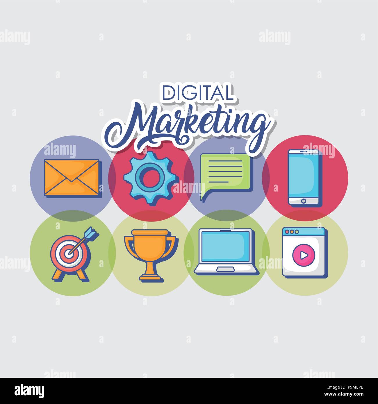 digital marketing design with related icons over gray background ...