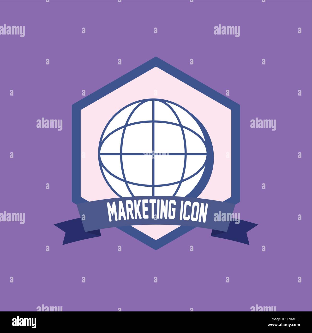 Marketing emblem design with decorative ribbon and global sphere icon ...