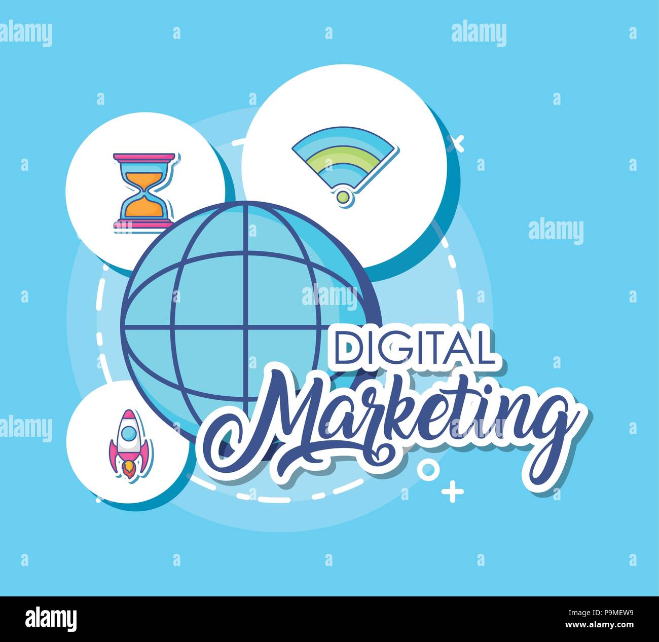 digital marketing design with related icons over blue background ...