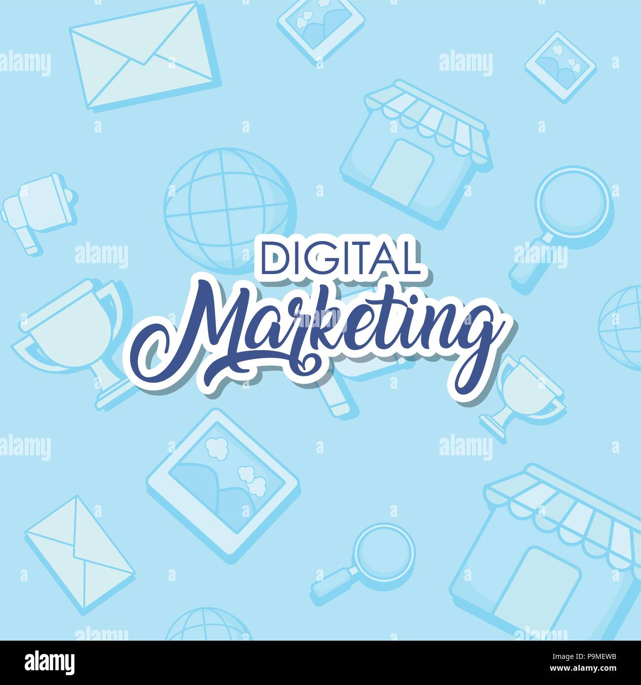 digital marketing design with related icons over blue background ...