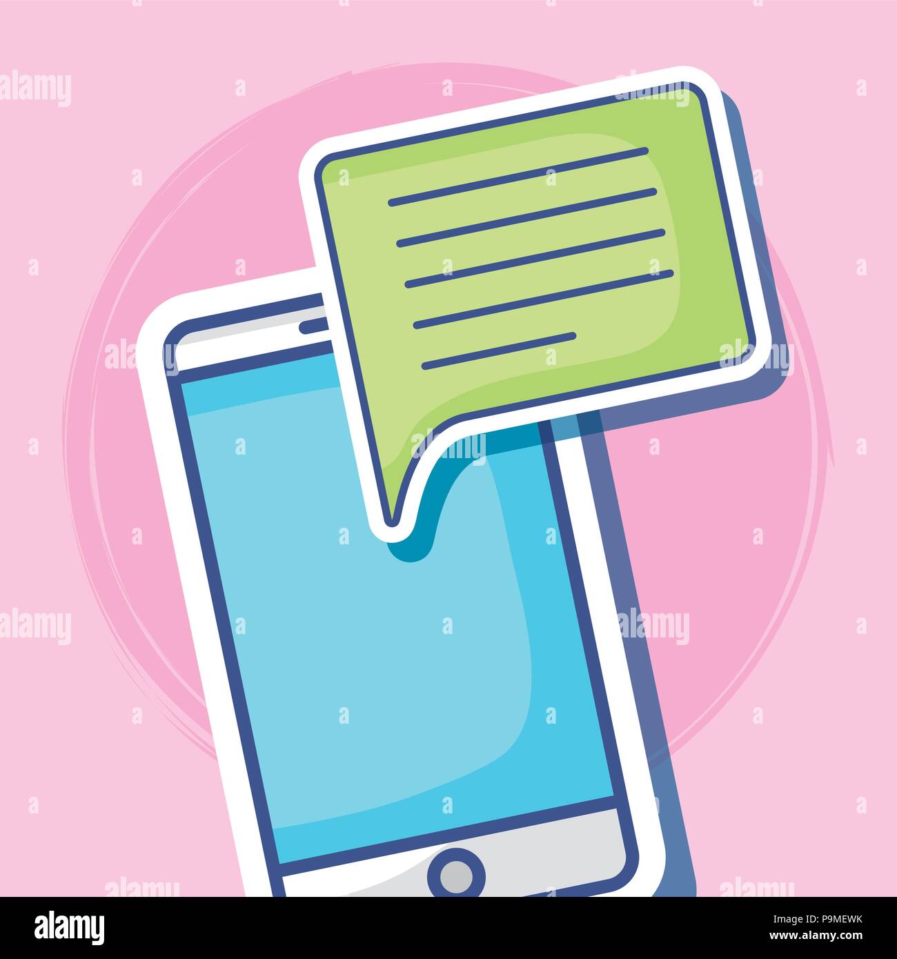 speech bubble and smartphone device icon over pink background, colorful ...