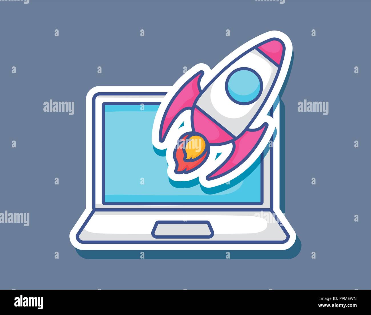 Laptop computer and space rocket over gray background, colorful design ...