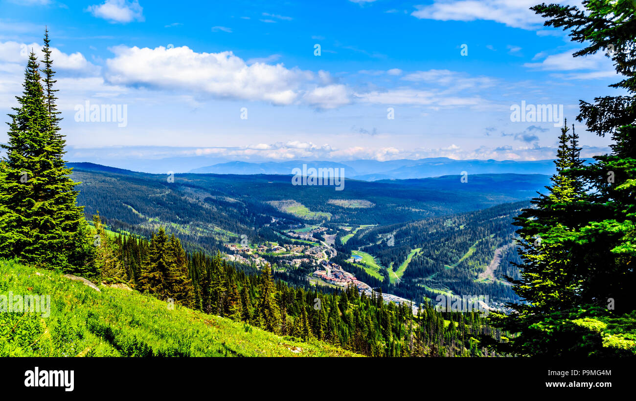 View of the alpine village of Sun Peaks from a hiking trail on Tod ...