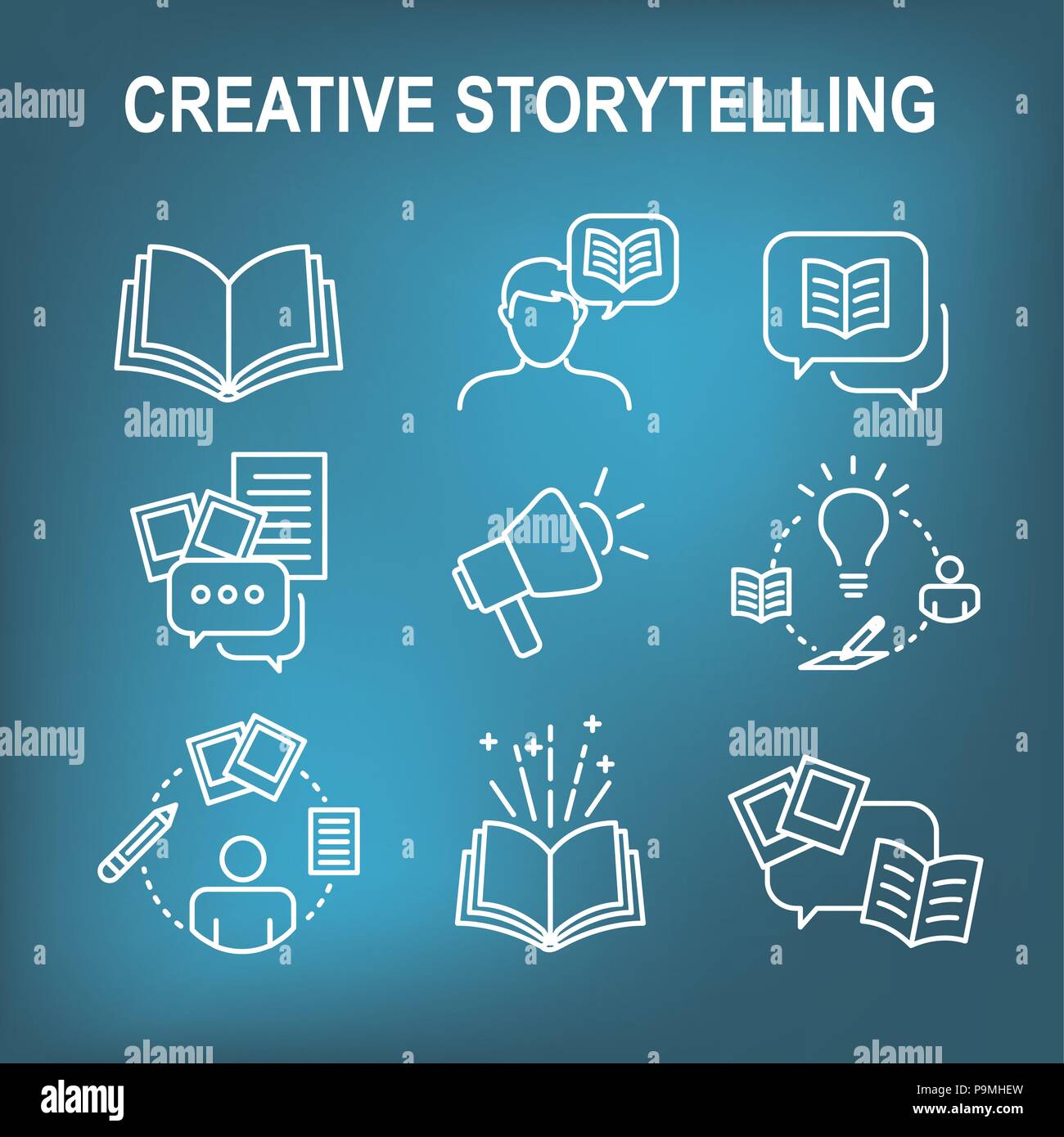 Storytelling Icon with Photo, Speech Bubbles, and person telling a ...