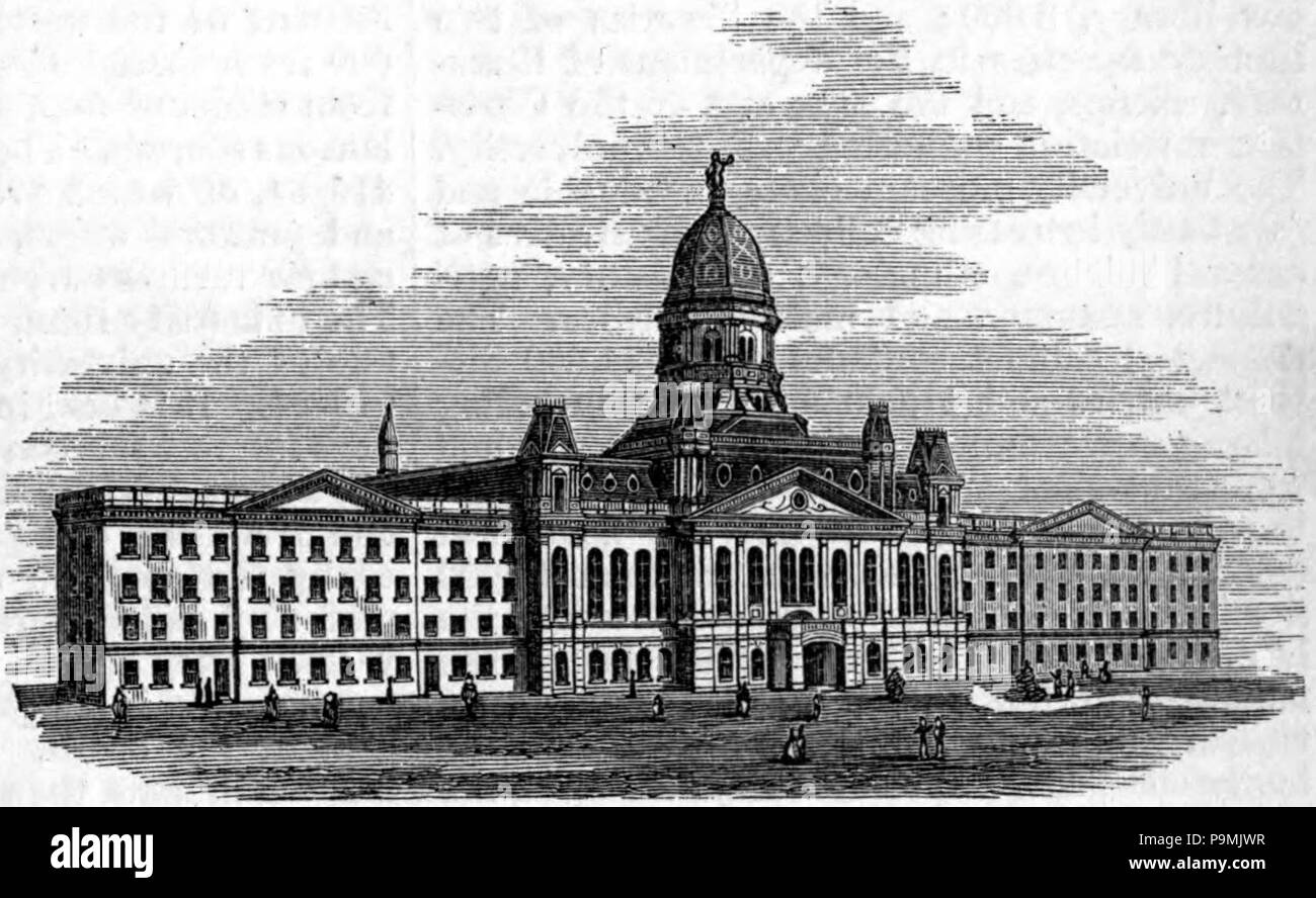. English: Woodcut view of University Hall at the University of ...