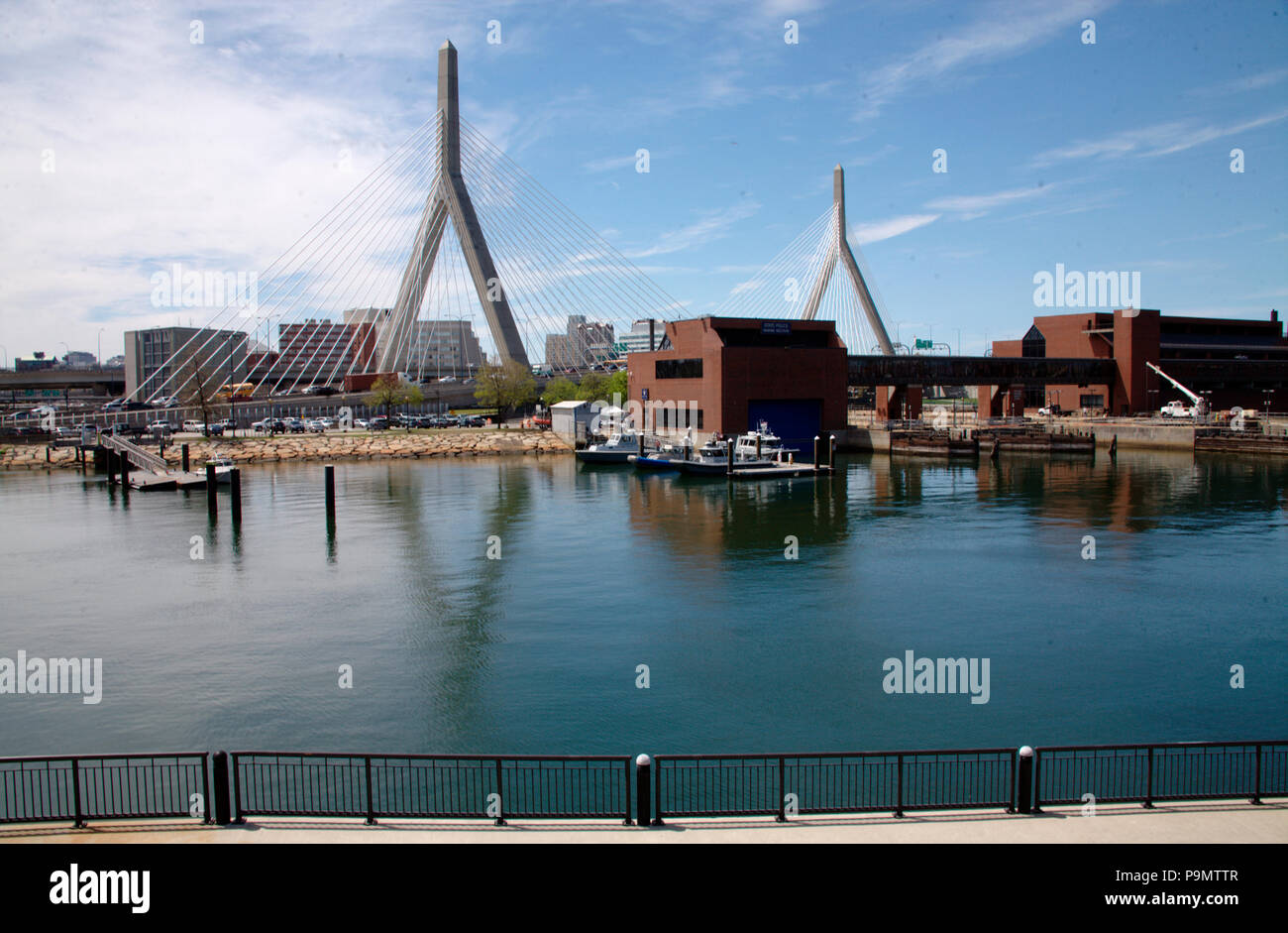 View on Charles River and Leonard P. Zakim Bunker Hill Memorial Bridge ...