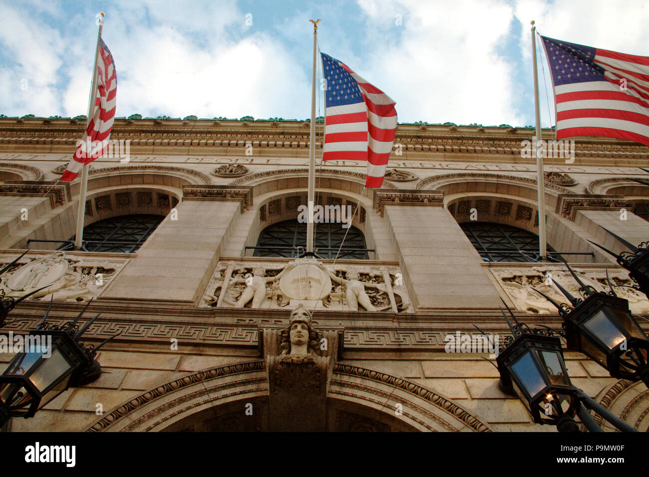 American flags on the facade of Boston Public Library Stock Photo - Alamy