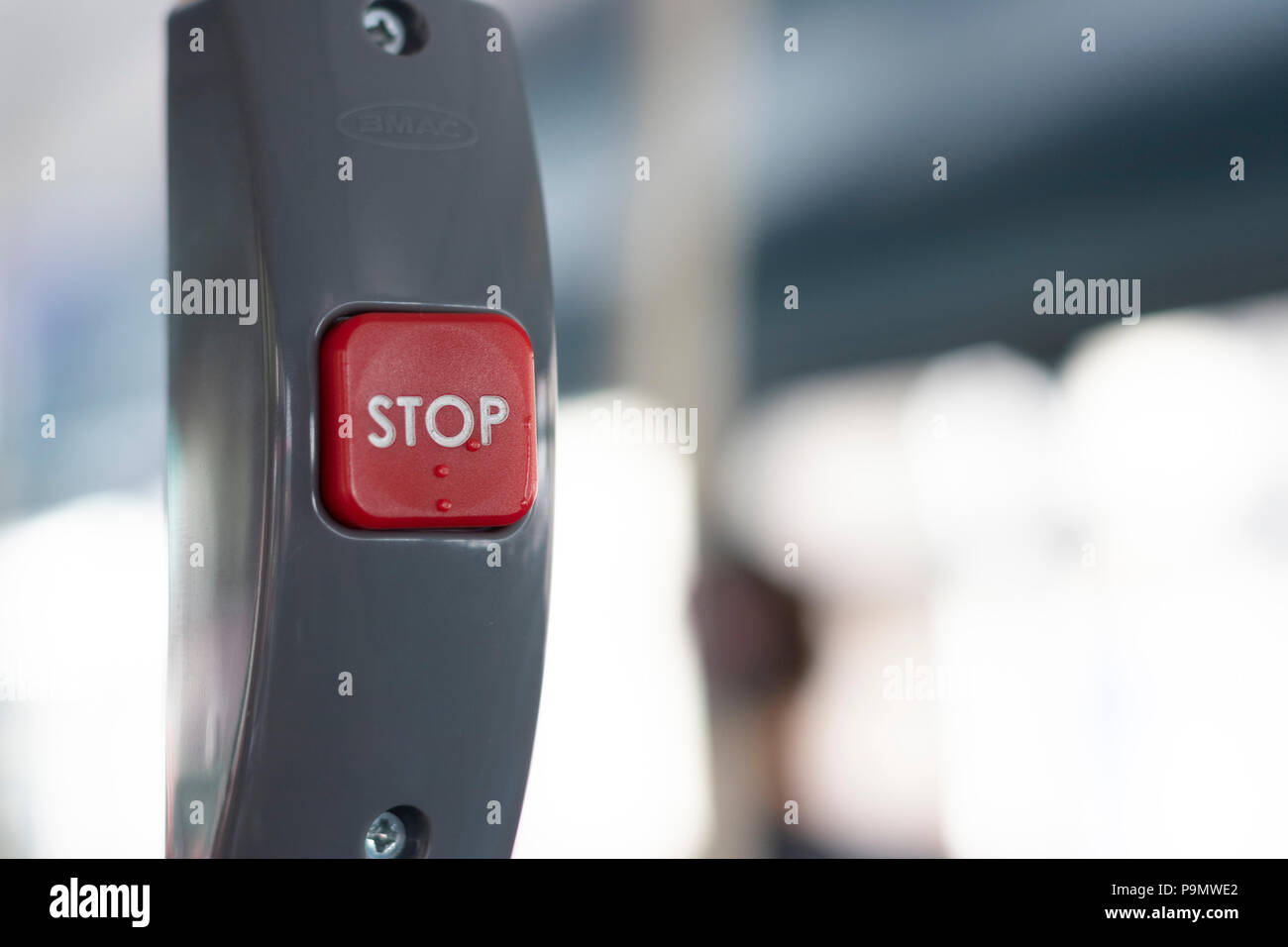 Stop request button on London transport bus Stock Photo - Alamy