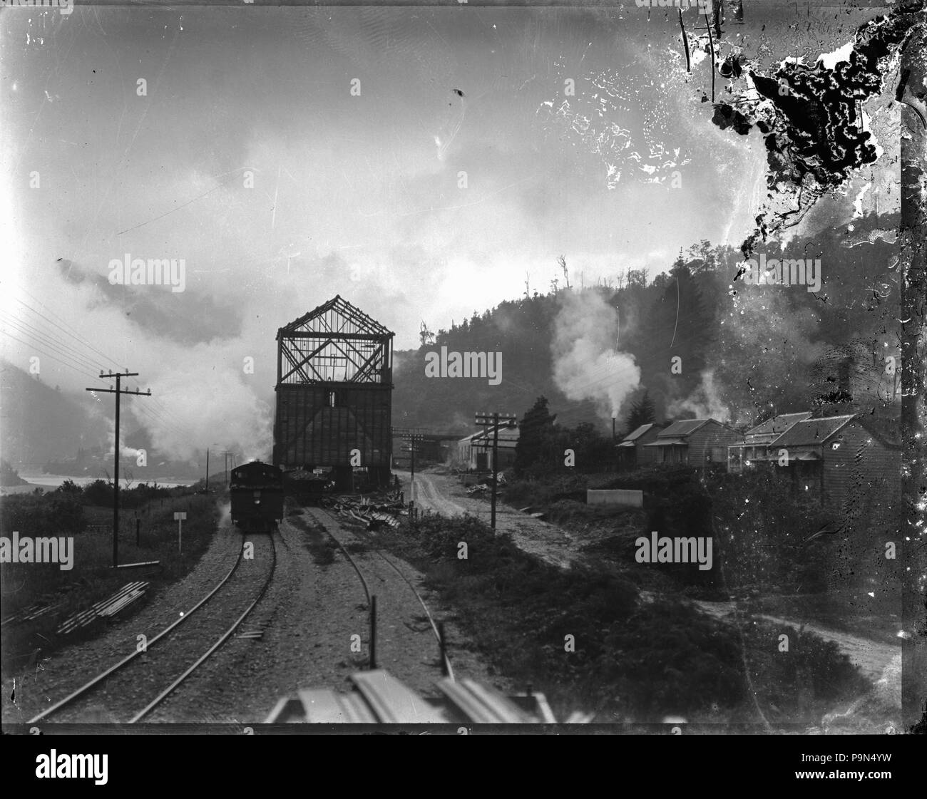 324 View of rear end of a train on the railway track beside the Dobson ...