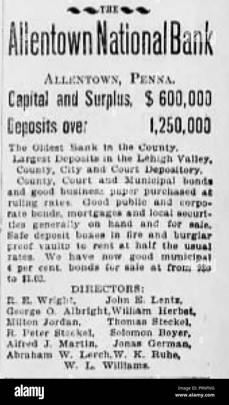 23 1897 - Allentown National Bank Newspaper Ad Allentown PA Stock Photo ...