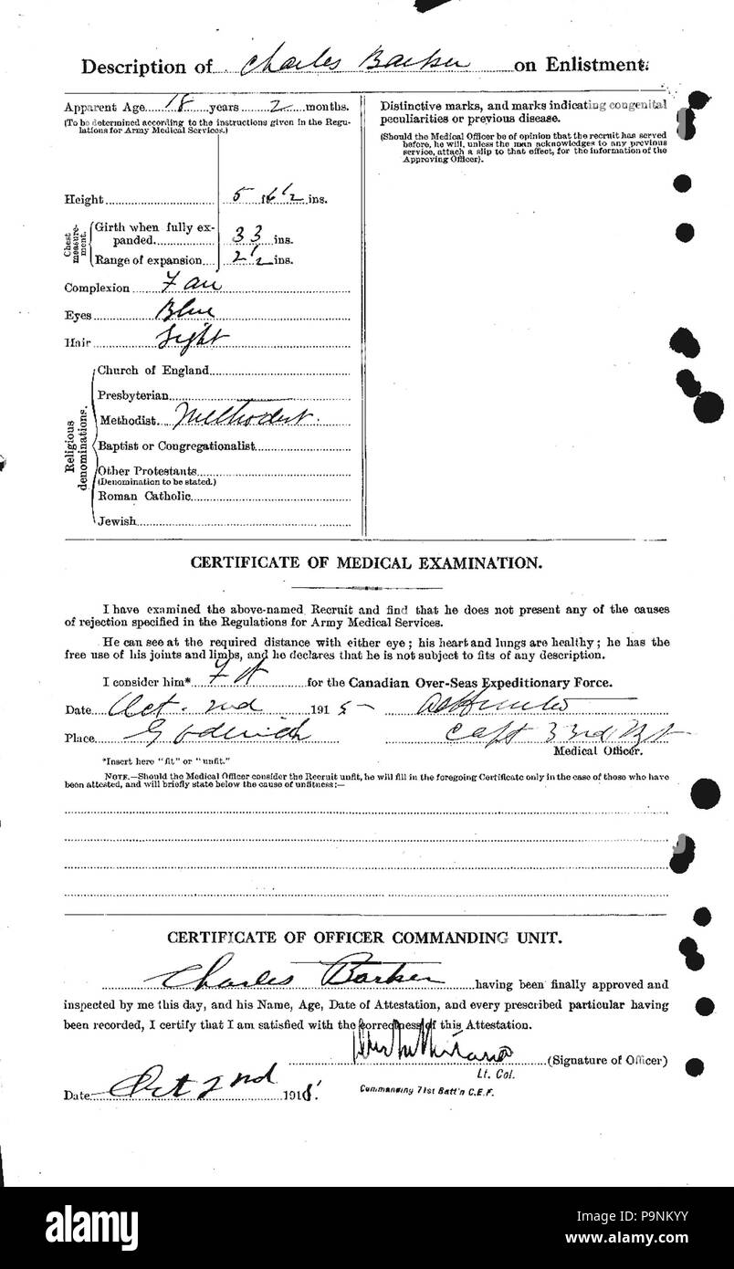 73 71st Battalion CEF enlistment paper Stock Photo - Alamy