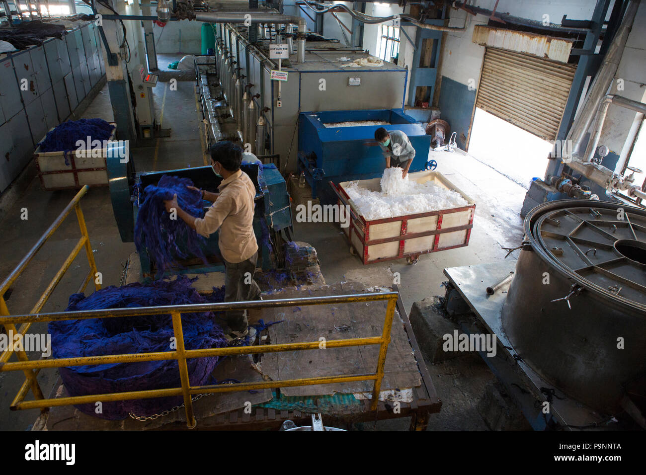 Organic cotton being dyed at a garment factory, where organic cotton is ...
