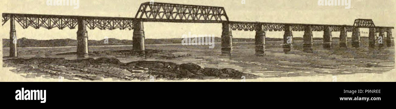 . English: Woodcut/drawing of a railroad bridge designed by Albert Fink ...