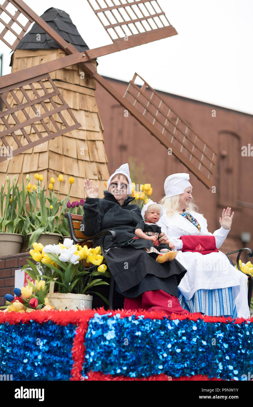 Holland, Michigan, USA - May 12, 2018 Women wearing traditional dutch ...