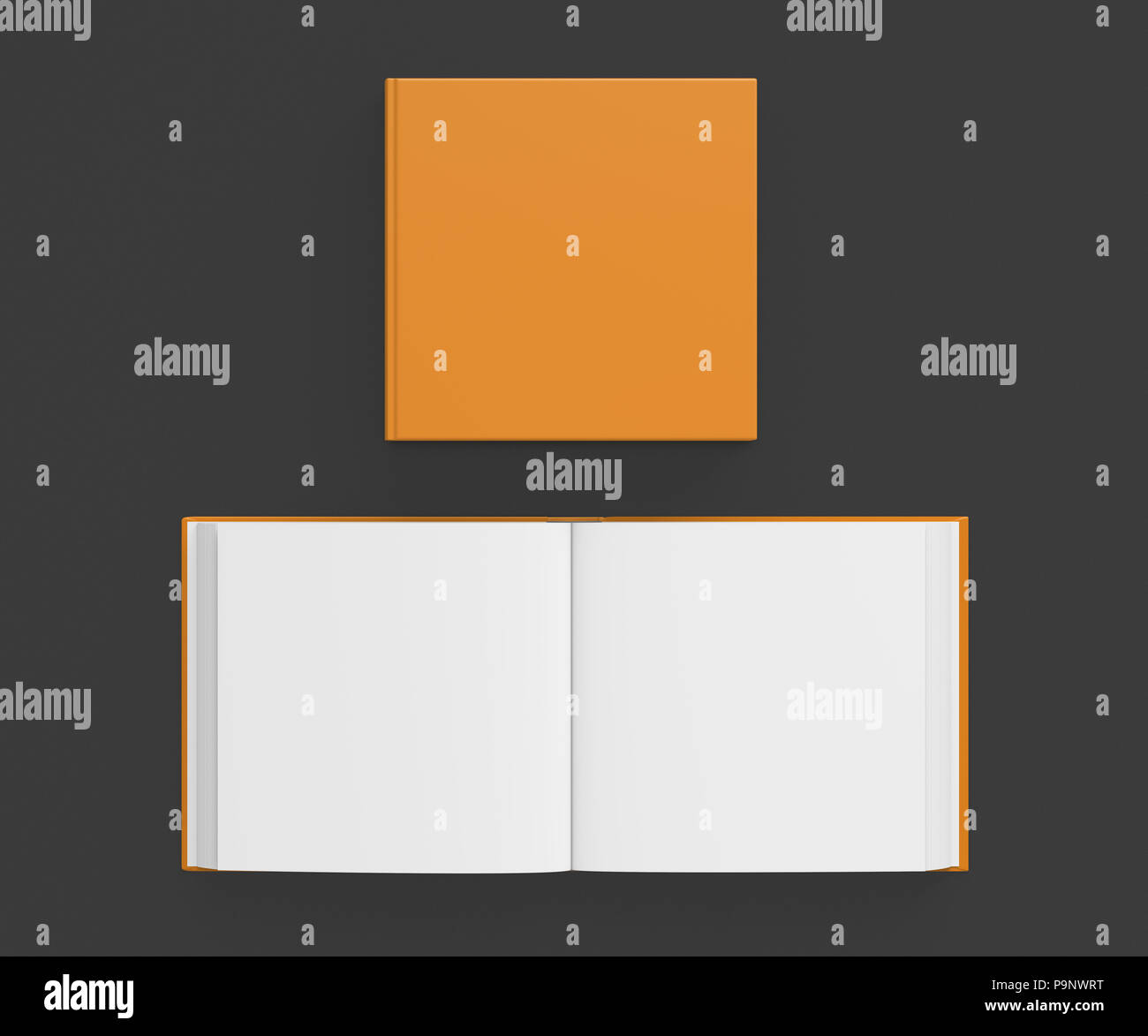 Open and closed blank square book with orange cover isolated on black ...