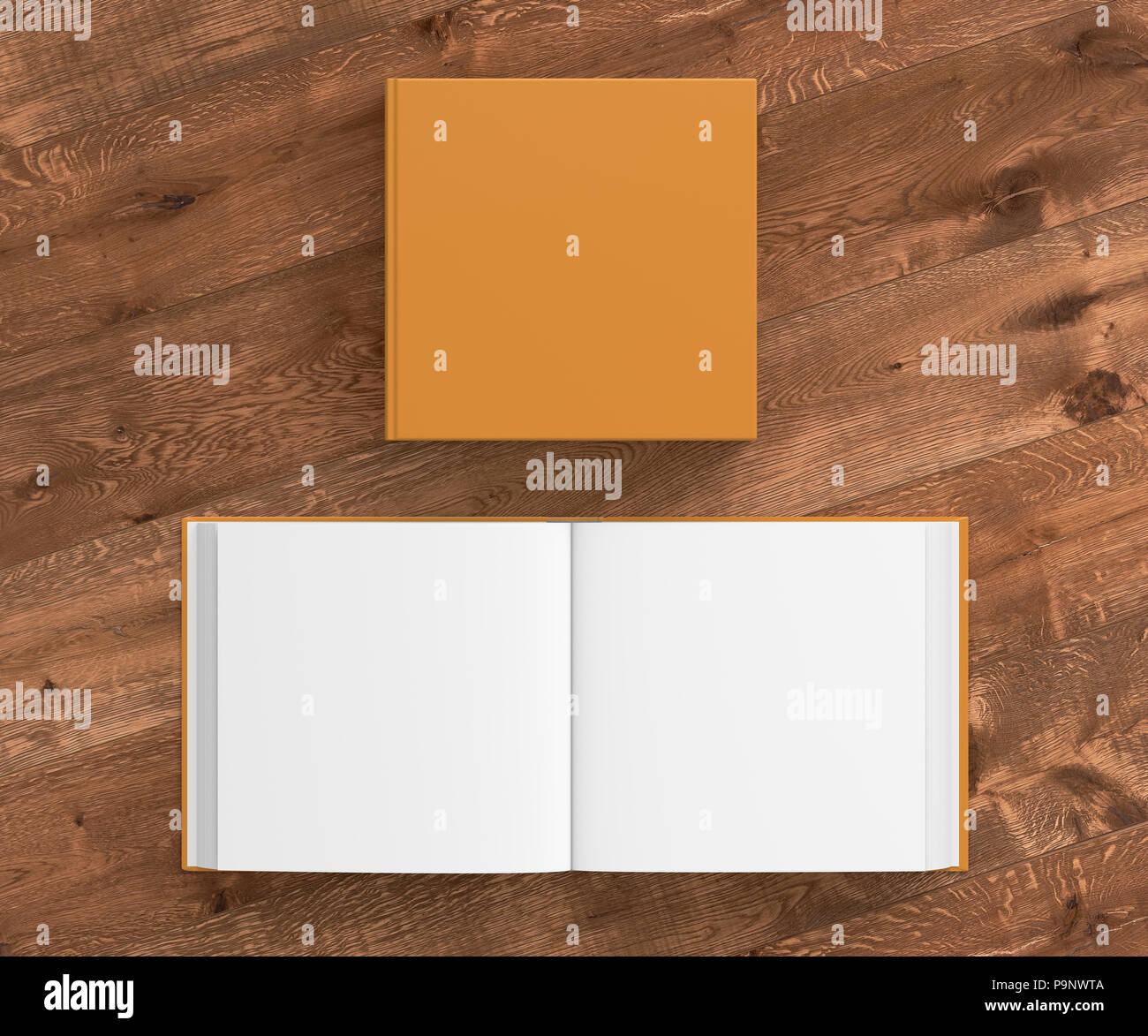 Open and closed blank square book with orange cover isolated on wooden ...